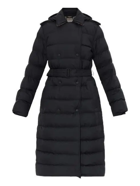 Burberry Double Breasted Belted Quilted Down Coat With Hood - Black