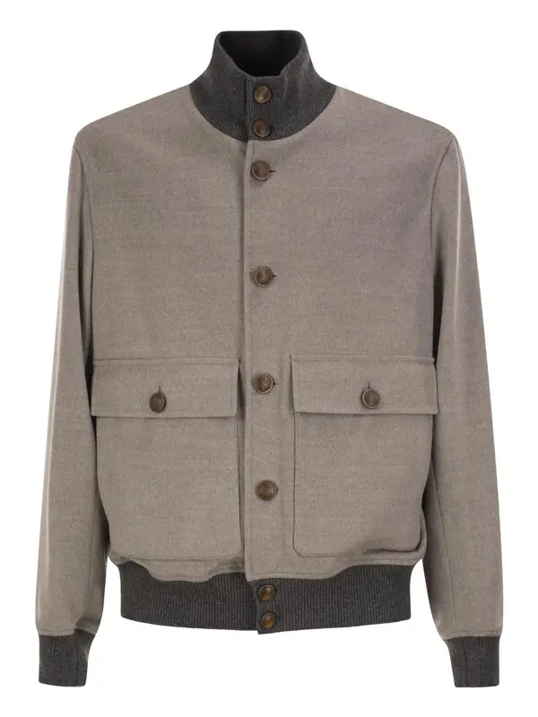 Brunello Cucinelli Virgin Wool Bomber Jacket With Cashmere Knit Details - Gray