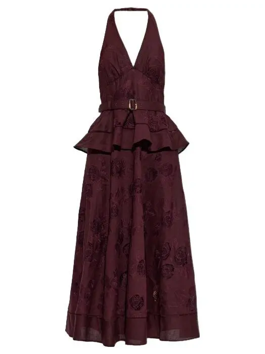 SELF-PORTRAIT Floral-embroidered Midi Dress - Brown