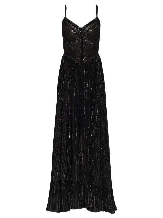 SELF-PORTRAIT Pleated Maxi Dress With Lace Trim - No