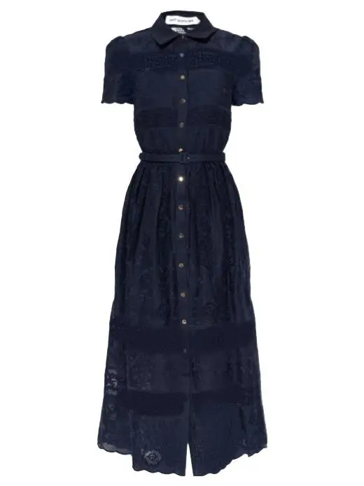 SELF-PORTRAIT Embroidered Belted Midi Dress - Navy