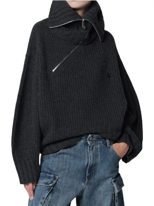 Attico Dark Grey Wool And Cashmere Sweater With Asymmetrical Zip - Gray