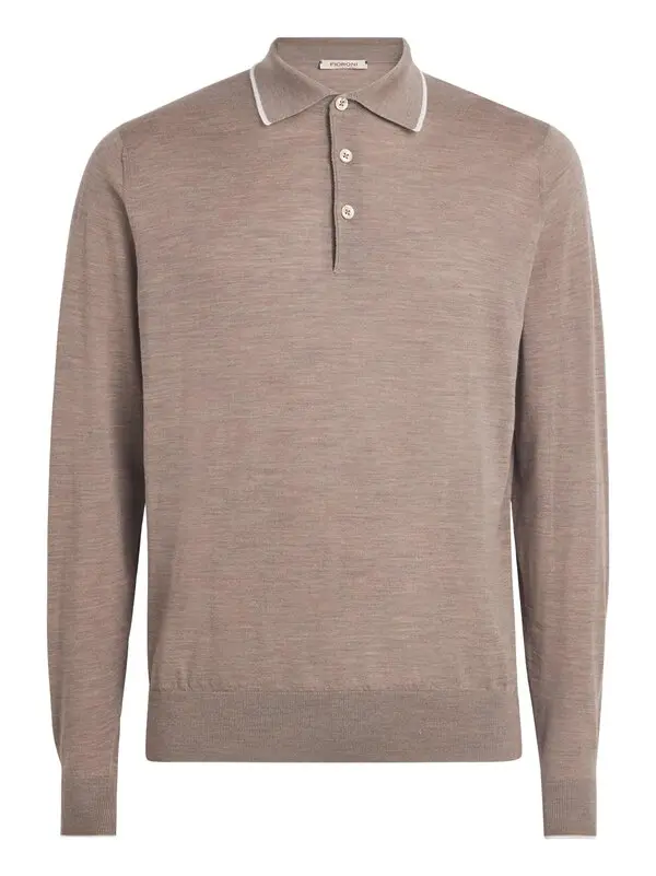 FIORONI CASHMERE Virgin Wool Long-sleeve Polo Shirt - Beige