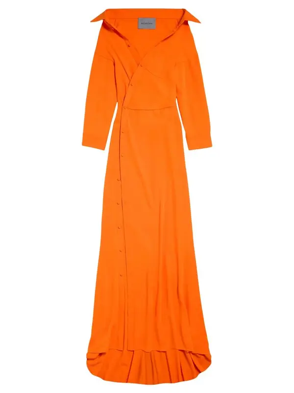Balenciaga Maxi Shirt Dress With Off-the-shoulder Neckline And Asymmetrical Wrap - Orange