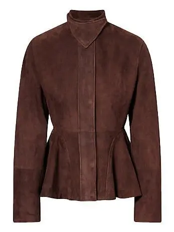 Alaïa Stand Collar Peplum Suede Jacket - Chocolat