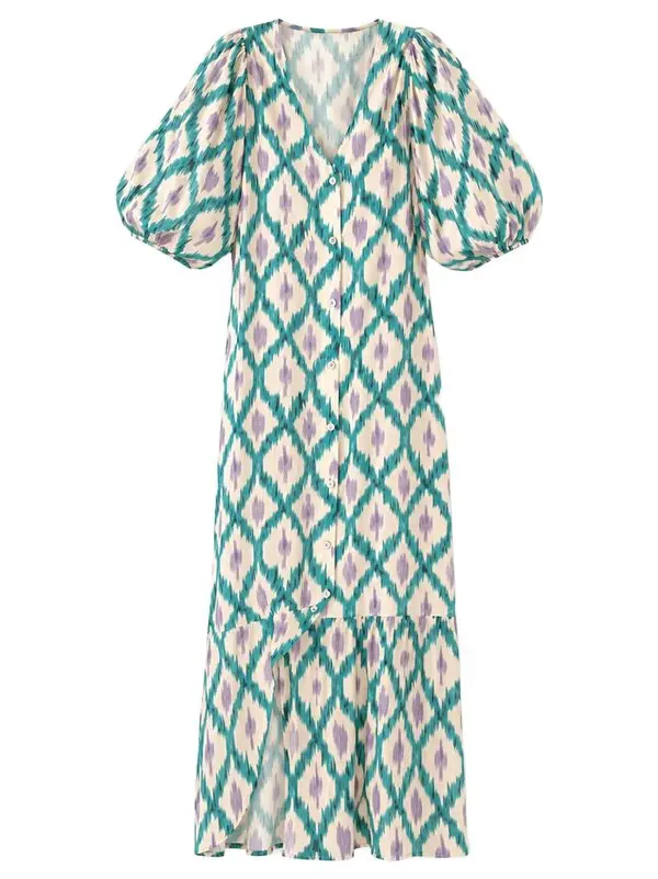 MIND TRAVELER Mica Turquoise Geometric Print Maxi Dress - Blue