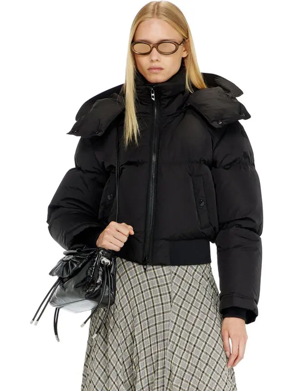 DIESEL® Wrinkled Nylon Down Puffer Jacket With Detachable Hood - Black