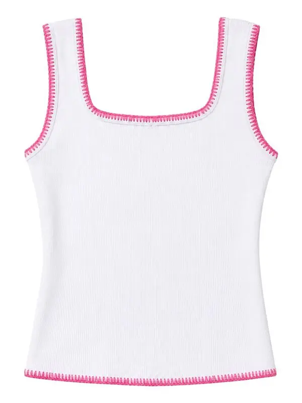 Mind Traveler Ribbed Knit Top With Pink Crochet Trim - White