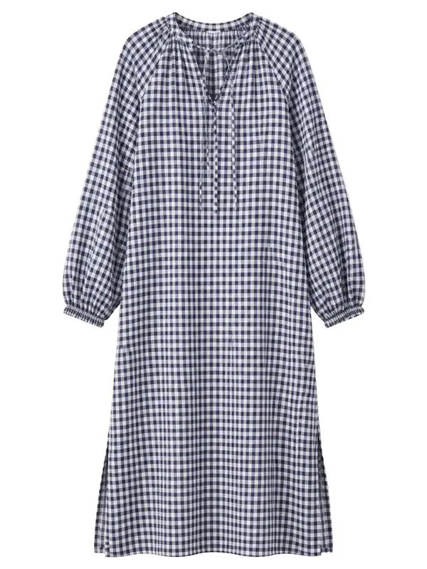 MIND TRAVELER Navy Gingham Maxi Dress With Puffed Sleeves And Tie Neck - Blue