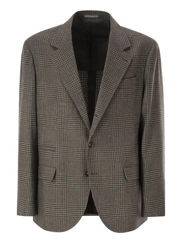 Brunello Cucinelli Prince Of Wales Wool And Cashmere Blazer With Tailored Construction - Gray