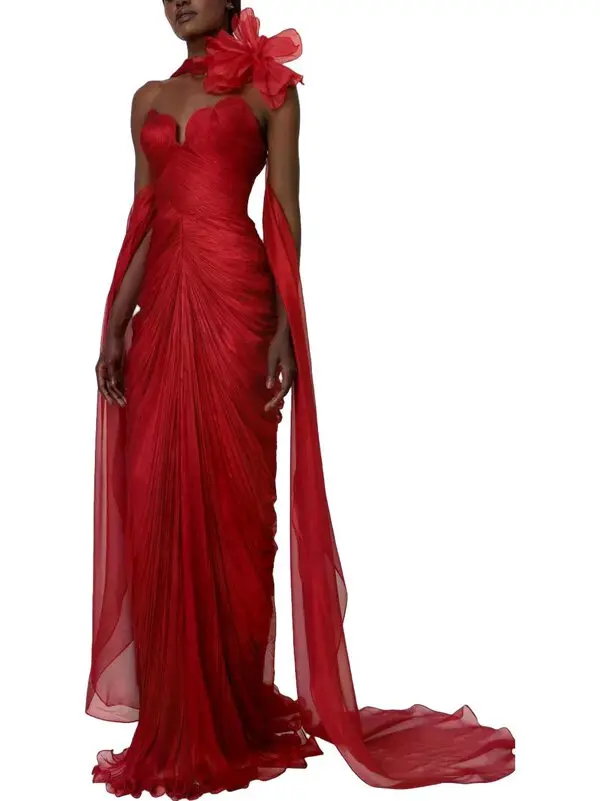 IRIS SERBAN Ruched Floral Appliqué Maxi Dress - Red