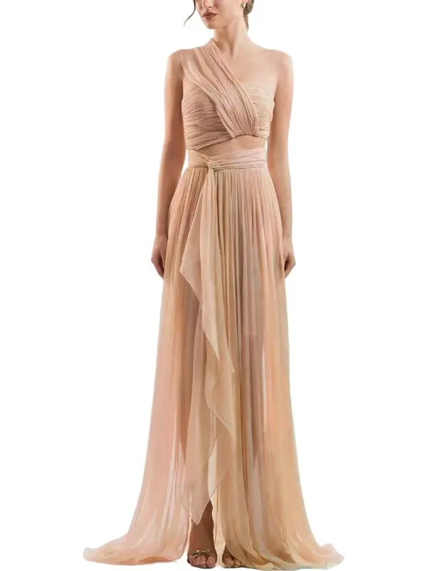 IMROSKA Pleated One-shoulder Top And Flowing Maxi Skirt Set - Neutrals
