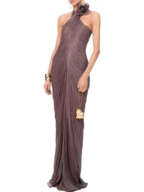 ANA RADU Floral Detail Pleated Maxi Gown - Brown