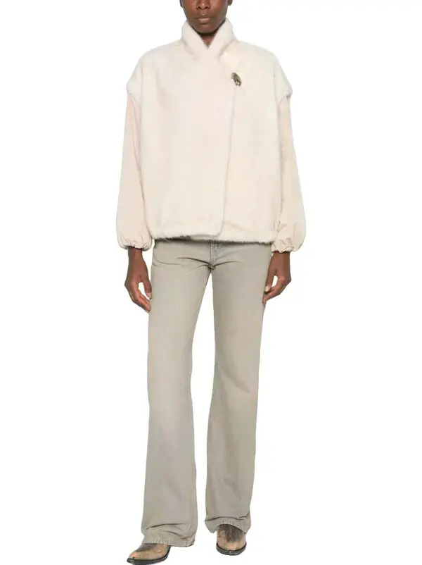 Moncler Faux Fur Jacket With Logo Plaque - Neutrals