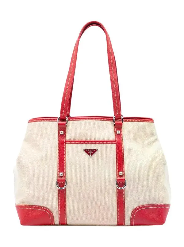 Prada Studded Leather Trimmed Canvas Tote Bag - Neutrals