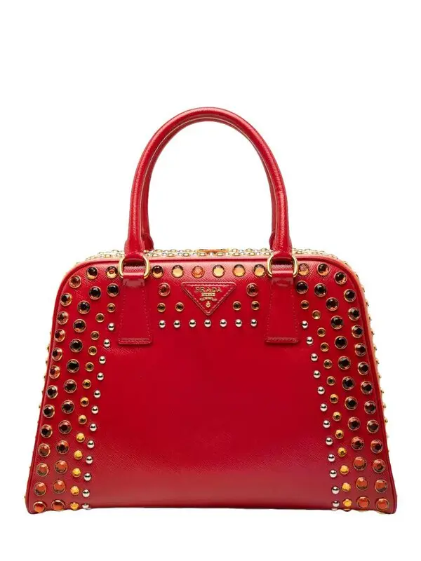 Prada Saffiano Vernice Pyramid Studded Frame Bag Handbag - Red