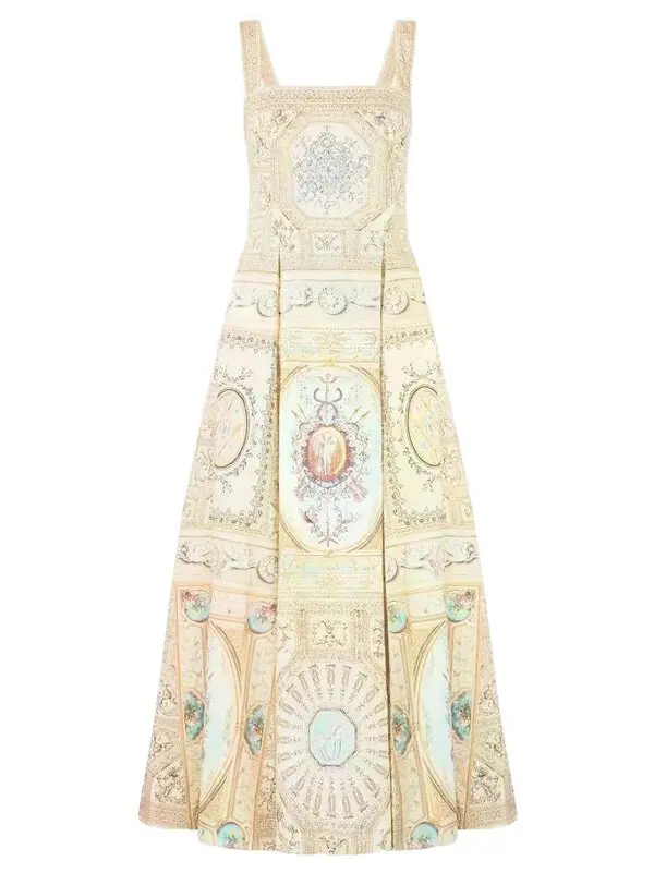 Camilla Graphic Print Square Neck Midi Dress - Neutrals