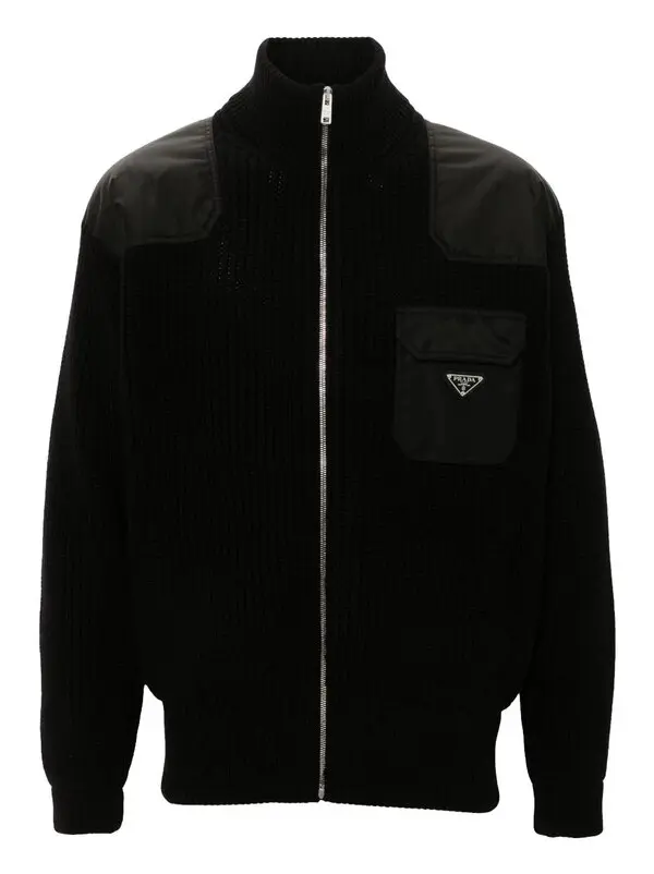 Prada Ribbed Wool Zip-up Sweater With Pocket Detail - Black