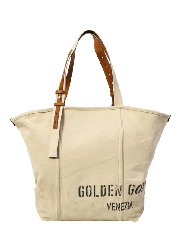 GOLDEN GOOSE Canvas Shopping Tote With Leather Inserts And Venezia Print - Ecru