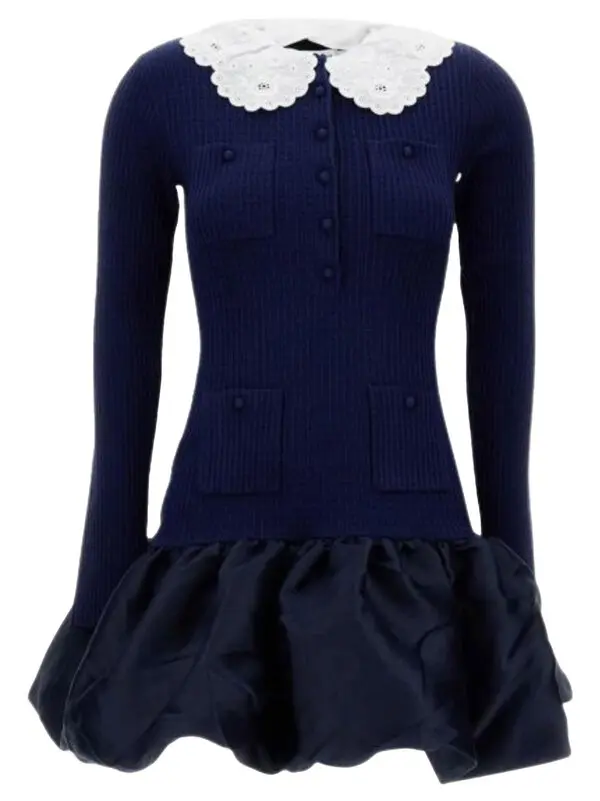 SELF-PORTRAIT Puffed Skirt Mini Dress With Button Front Fastening - Navy