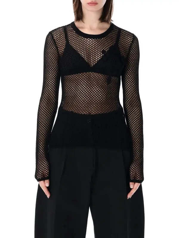 GANNI Mercerized Cotton Mesh Pointelle Longsleeve Top - Black