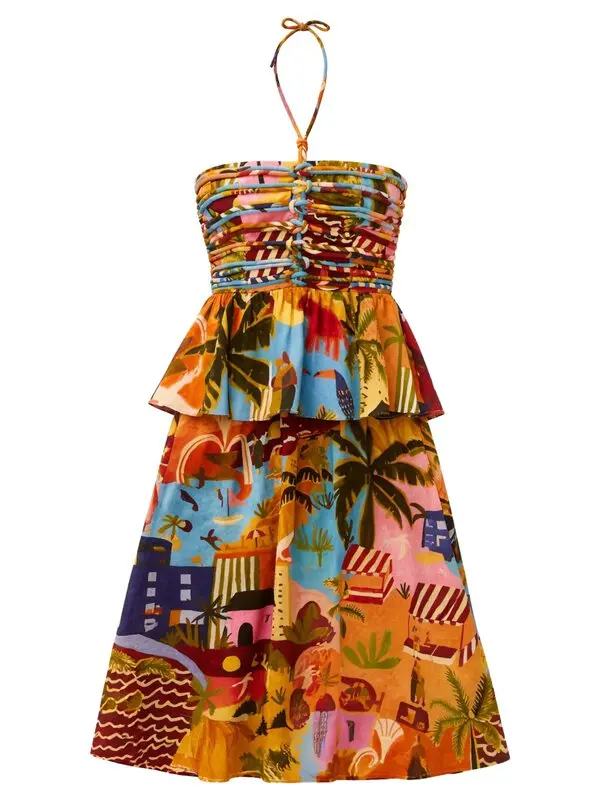Farm Rio Tropical Halterneck Ruffled Skirt Dress - Multicolor
