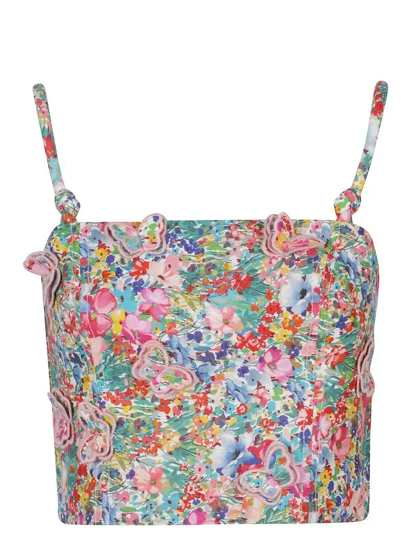 Farm Rio Floral Top With Removable Straps And Butterfly Appliqués - Multicolor
