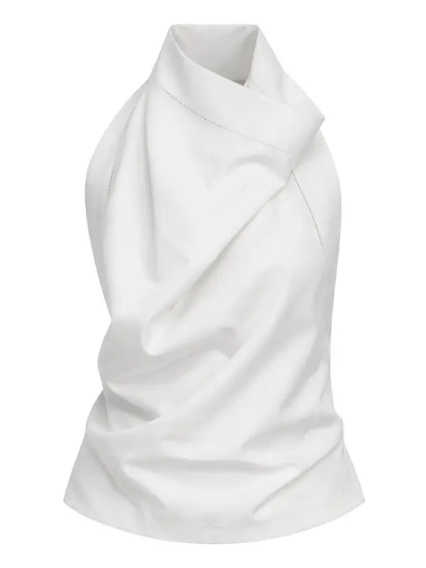 Carven Backless Silk Top With Draped Neckline And Embroidered Trim - White