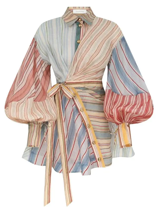 Zimmermann Rebellion Striped Linen Silk Mini Dress With Puff Sleeves - Multicolor
