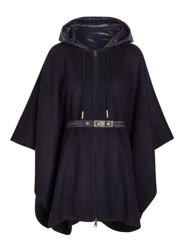 Moncler Belted Hooded Cape Coat - Navy