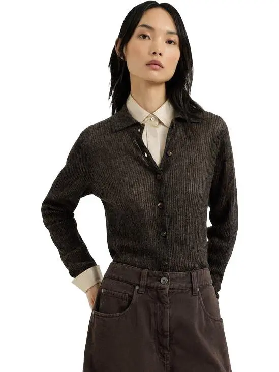 Brunello Cucinelli Ribbed Knit Cardigan With Metallic Accents - Anthracite