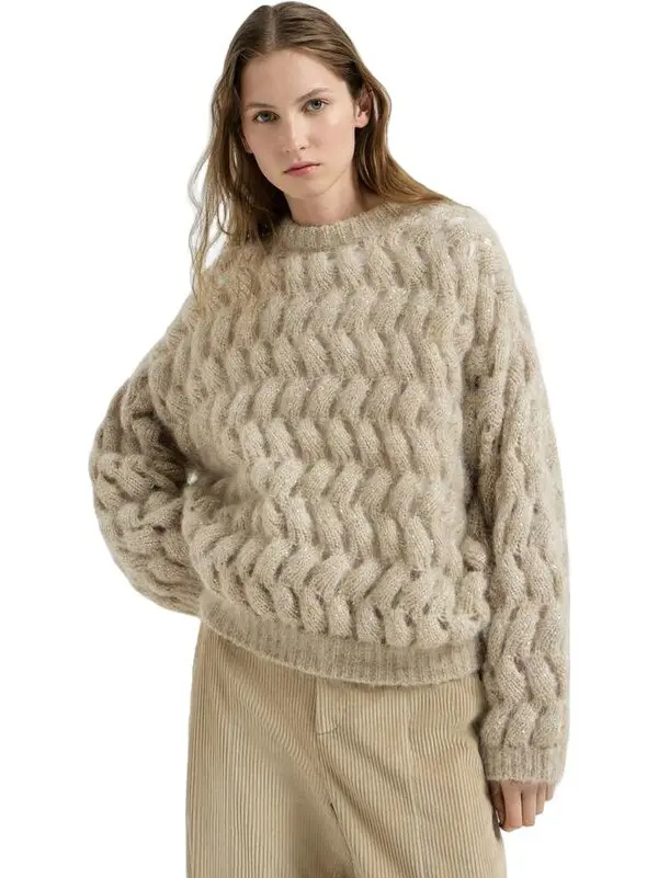 Brunello Cucinelli Dazzling Zigzag Cables Sweater In Mohair And Wool - Sand