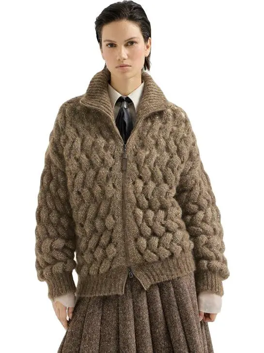Brunello Cucinelli Mohair And Wool Dazzling Zigzag Cables Cardigan - Bark