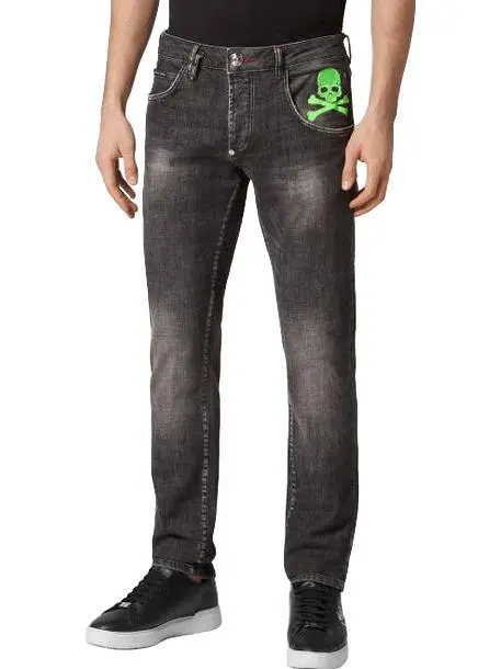 Philipp Plein Super Straight Cut Skull & Bones Denim Trousers - Fullmetal
