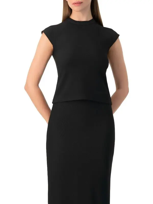 IVONNE Stretch Knit Mock-neck Sleeveless Top - Black