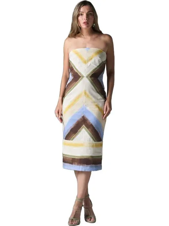 JBQ Audrey Strapless Fitted Midi Dress With Slit - Blue Multi