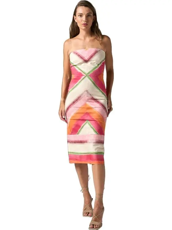 JBQ Audrey Strapless Fitted Midi Dress With Slit - Pink Multi
