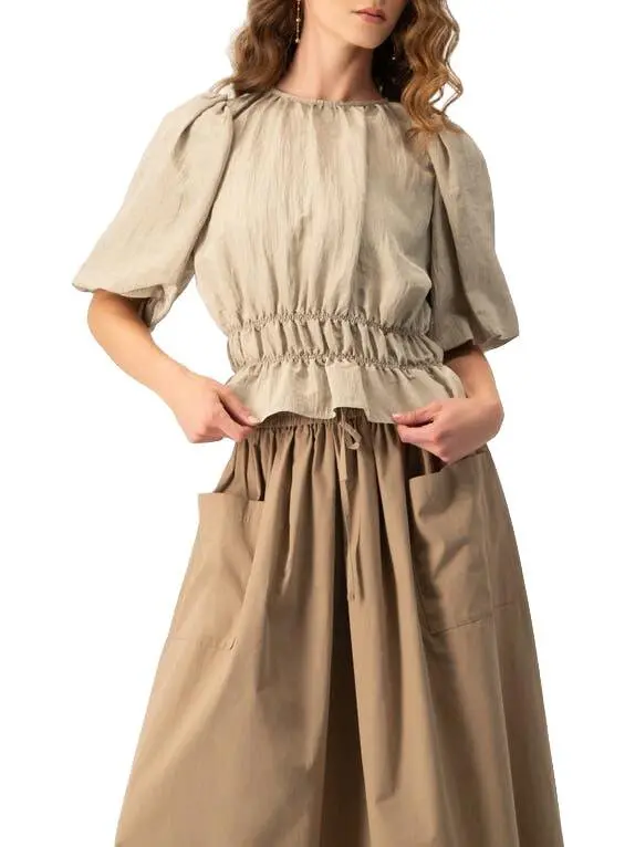 IVONNE Puff Sleeve Peplum Blouse With Elasticated Waist - Sand