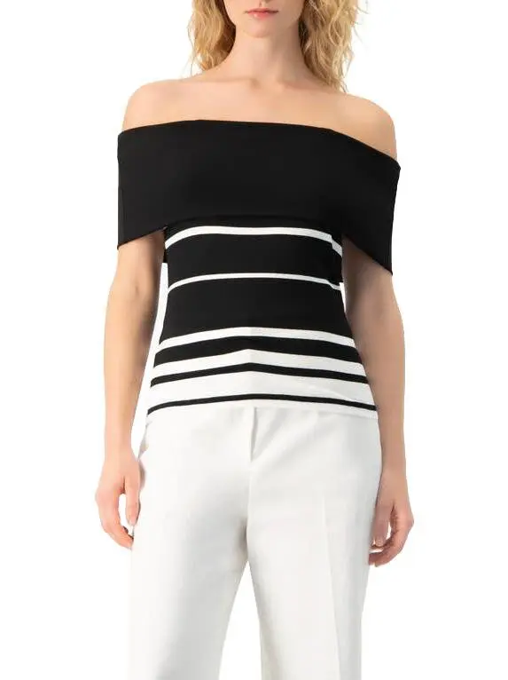 IVONNE Bardot Stripe Knit Top - Black