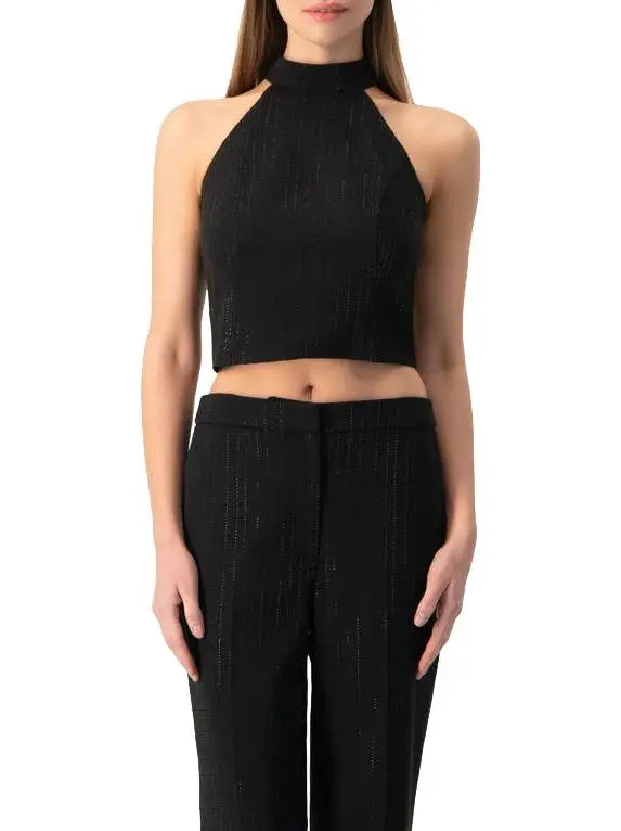 IVONNE Halter Neck Crystal Embellished Sleeveless Cropped Top - Black