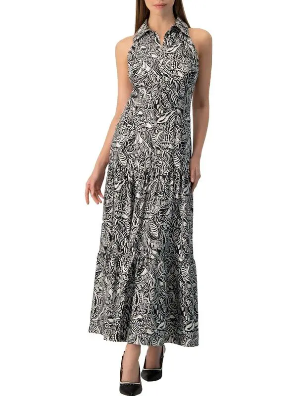 IVONNE Abstract Graphic Print Halterneck Fitted Maxi Dress - Black