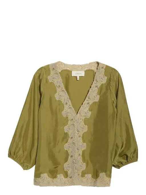 The Great. Long Sleeve Legacy Silk Top With Lace Detail - Light Olive/cream