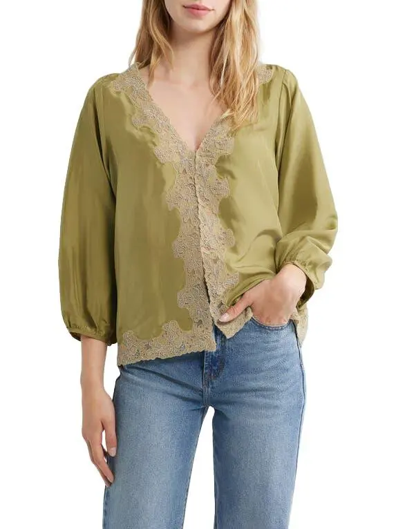 The Great. Long Sleeve Legacy Silk Top With Lace Detail - Light Olive/cream
