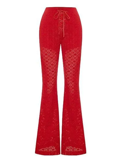 PCFG High Rise Embroidered Flare Pants - Red