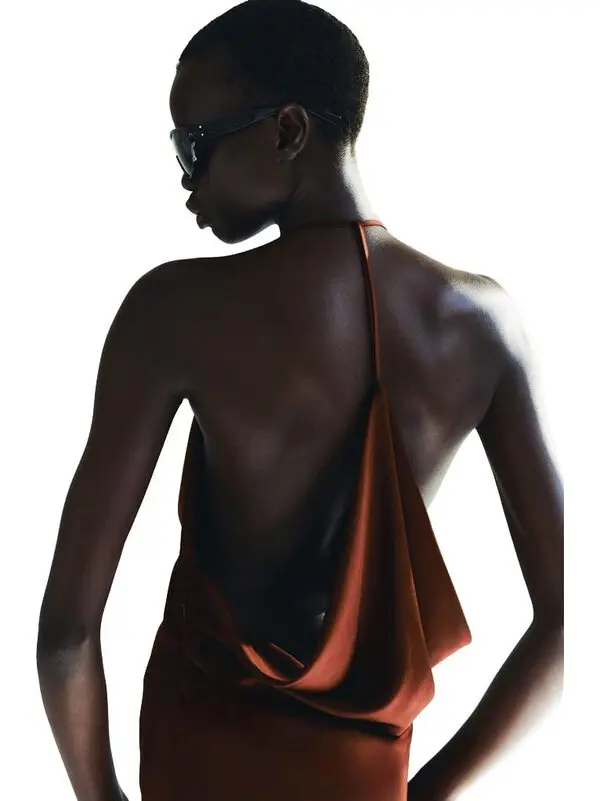 H&m Satin Halterneck Maxi Dress - Rust Red
