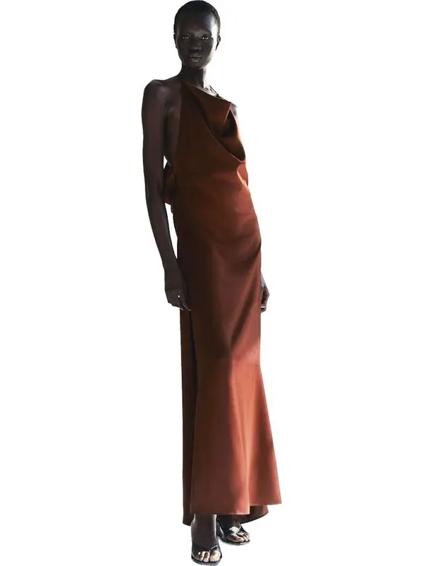 H&m Satin Halterneck Maxi Dress - Rust Red