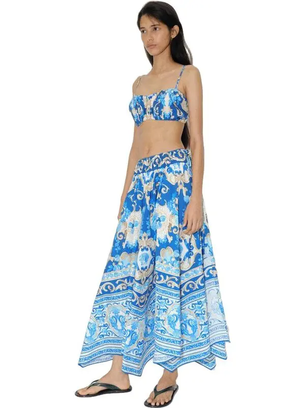 H&m Drawstring-detail Maxi Poplin Skirt - Blue/patterned