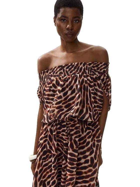 H&m Off-the-shoulder Chiffon Maxi Dress - Dark Brown/patterned
