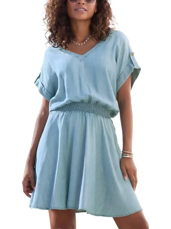 LASCANA V-neck Smocked Waist Chambray Dress - Denim