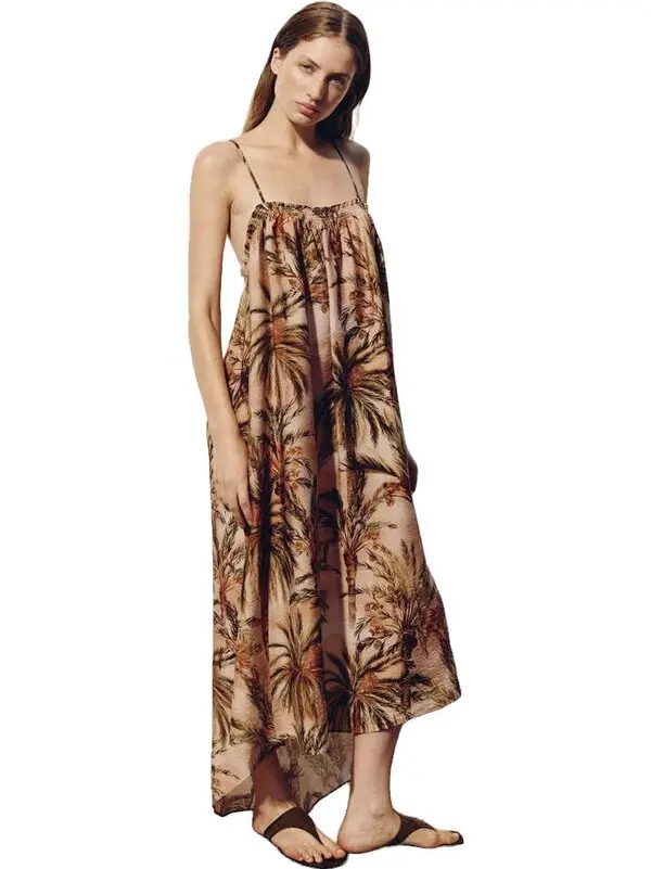 H&M A-line Low-back Midi Dress - Peach Pink/patterned